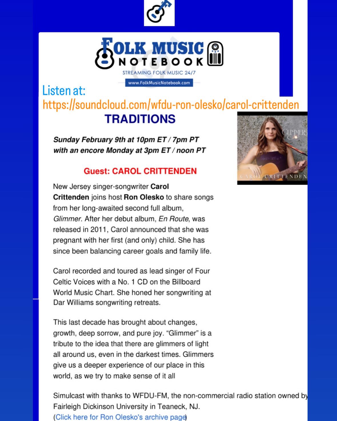 Folk Music Notebook & WFDU-FM Radio Interview – Singer Songwriter